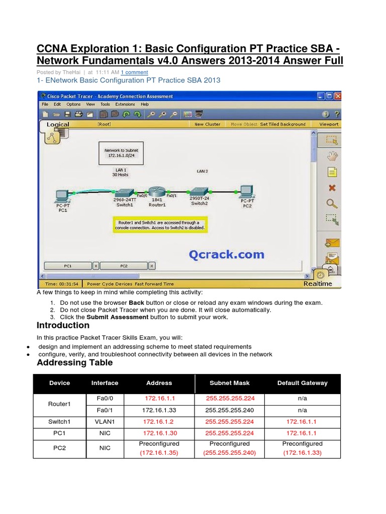 CCNA Exploration 1: Basic Configuration PT Practice SBA - Network Fundamentals v4.0 Answers 2013 ...