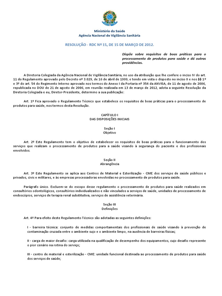 RDC #15, DE 15 DE MARÇO DE 2012 (Requisitos de Boas Práticas para o ...