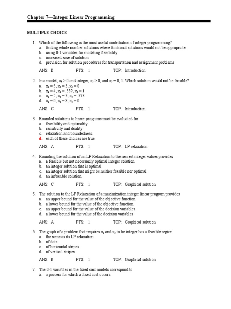 Ch07 Linear Programming Tests Pdf Linear Programming Sensitivity Analysis 4804