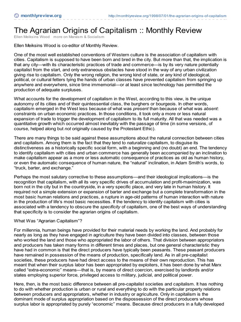 Agrarian Roots of Capitalism Explained | PDF | Enclosure | Capitalism
