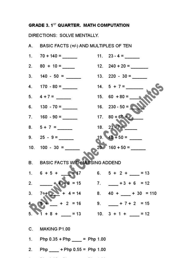 Grade 3. 1 Quarter. Math Computation | PDF
