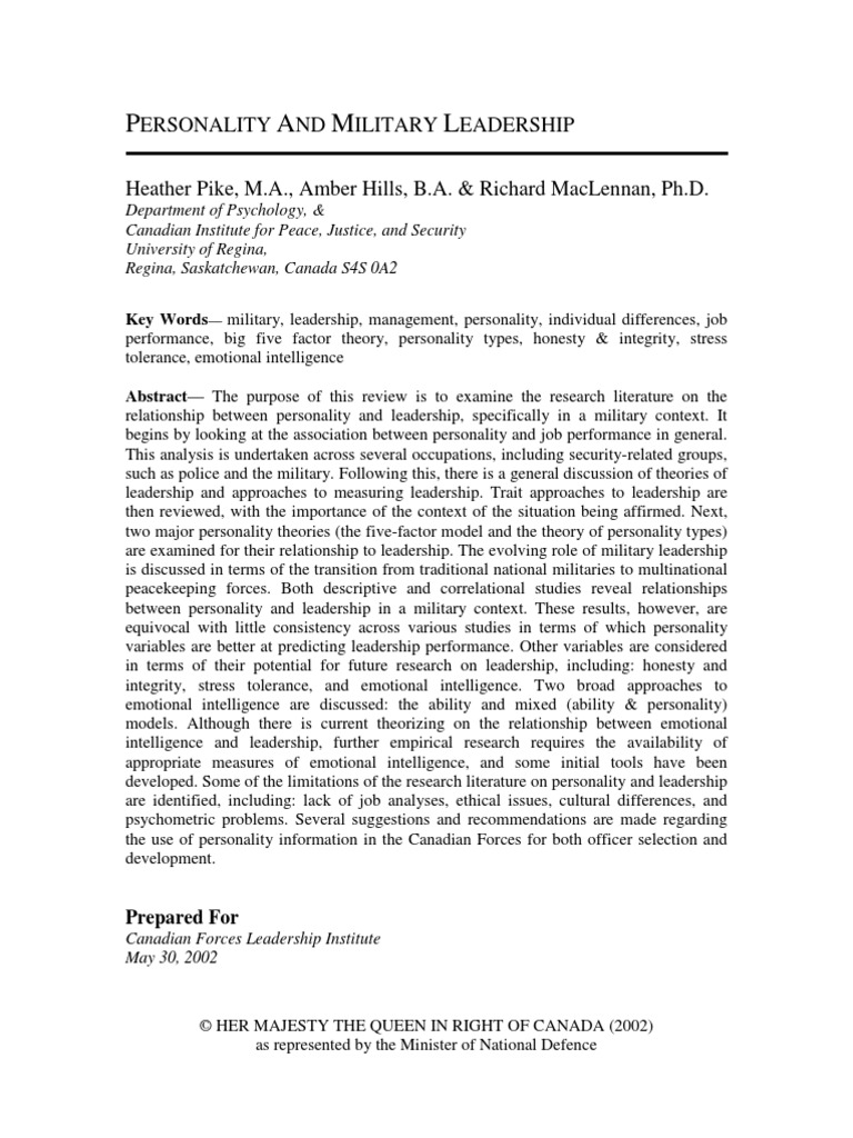 Personality and Military Leadership | PDF | Leadership | Personality ...