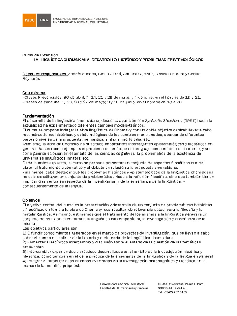 Curso. La Lingüística Chomskiana. Desarrollo Histórico y Problemas ...