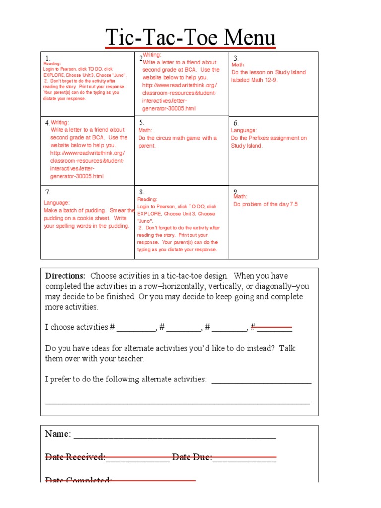 Tic-Tac-Toe Activity Menu for Students | PDF