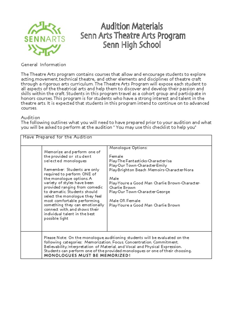 Theatre Audition Packet | PDF | Audition | Peanuts