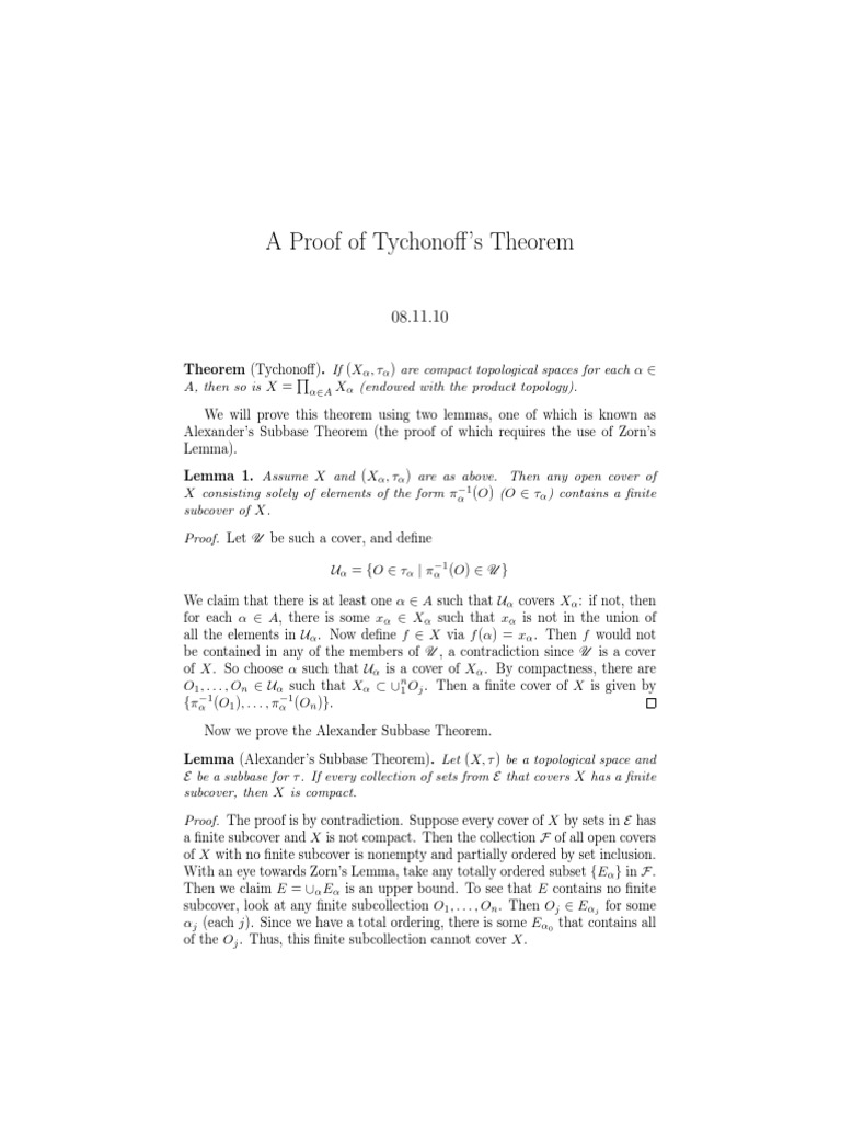 A Proof of Tychonoff's Theorem | PDF | General Topology | Mathematical Analysis