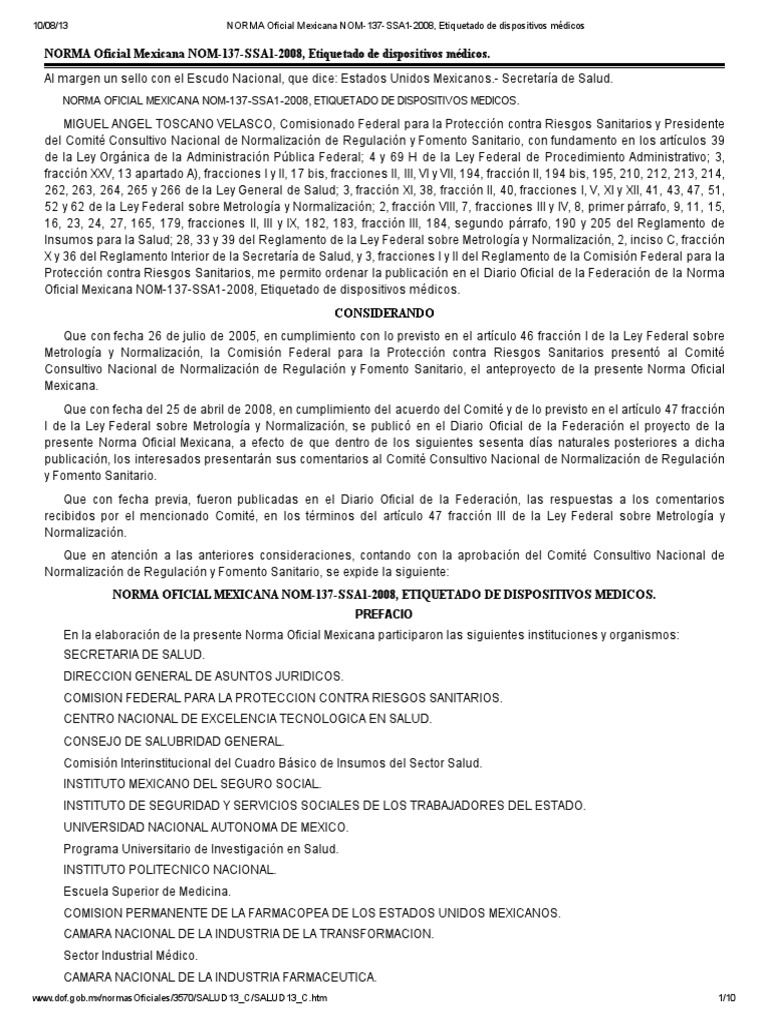 NORMA Oficial Mexicana NOM-137-SSA1-2008, Etiquetado de Dispositivos Médicos | PDF | Salud y ...