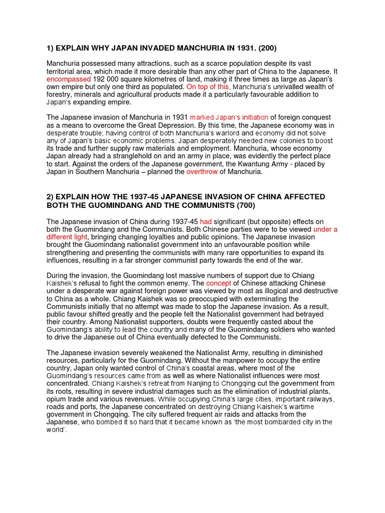 1) Explain Why Japan Invaded Manchuria in 1931. (200) : Encompassed On ...