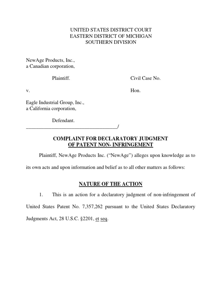 NewAge Products v. Eagle Industrial Group | PDF | Declaratory Judgment | Lawsuit