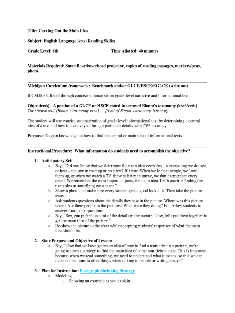 Paragraph Shrinking Lesson Plan | PDF | Curriculum | Paragraph