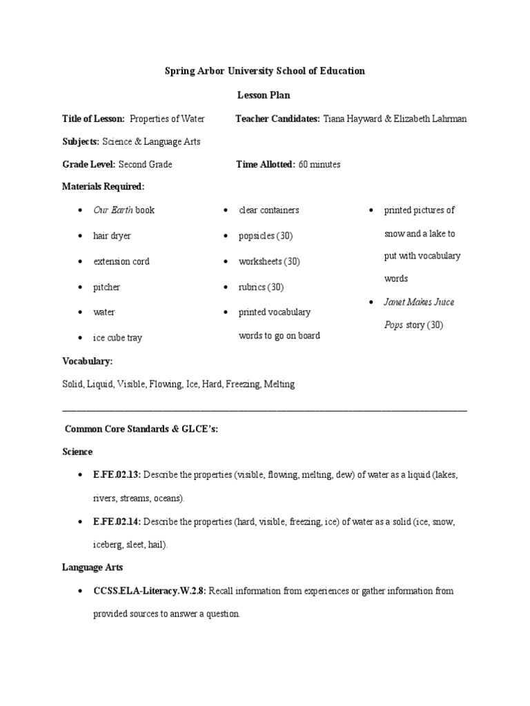 Properties of Water Lesson Plan | PDF | Ice | Freezing