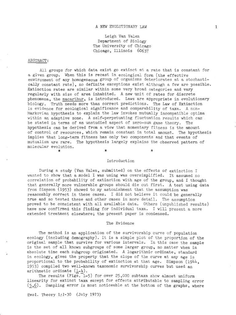 Vol.1, No.1,1-30, L. Van Valen, A New Evolutionary Law. | PDF ...