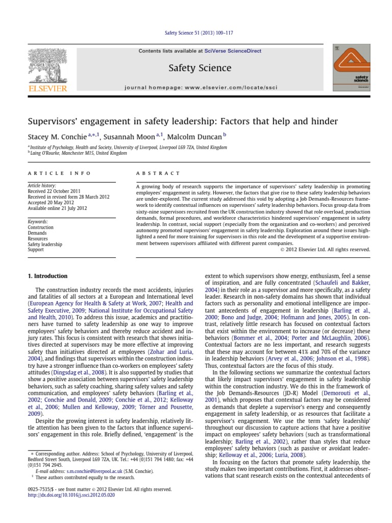 Safety Science: Stacey M. Conchie, Susannah Moon, Malcolm Duncan | PDF ...
