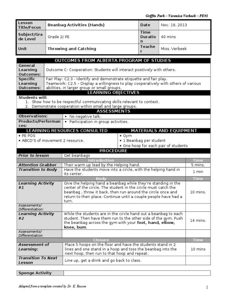 Grade 2 PE Beanbag Activities Lesson | PDF