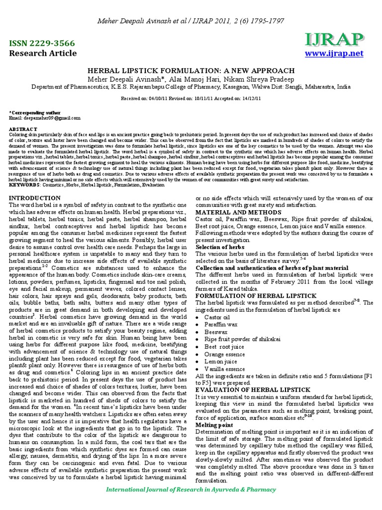 Herbal Lipstick Formulation | PDF | Herbalism | Cosmetics