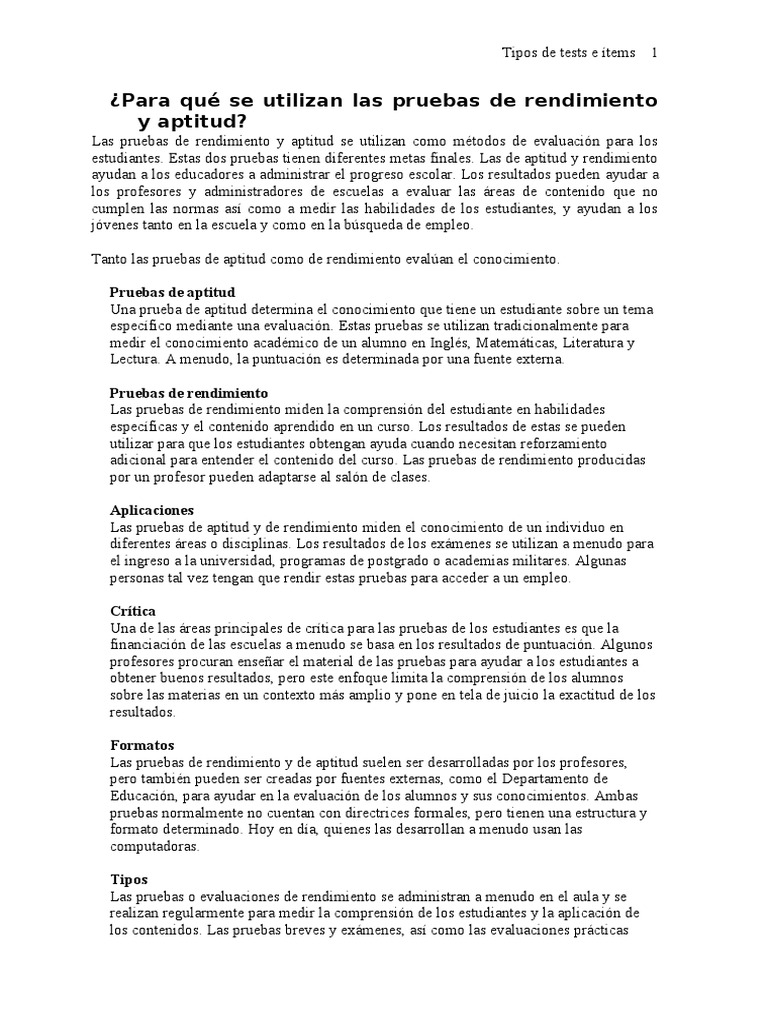 Test de Rendimiento | Descargar gratis PDF | Conocimiento | Evaluación
