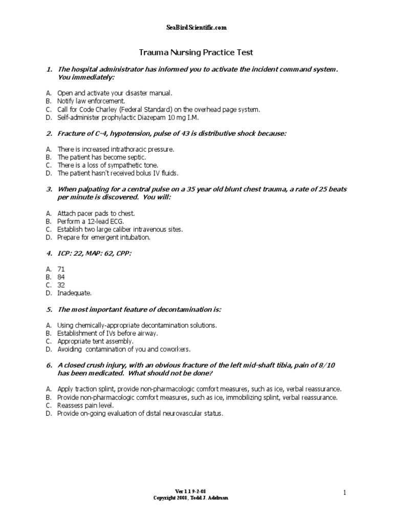 Trauma Nursing Practice Test | PDF | Intravenous Therapy | Thorax