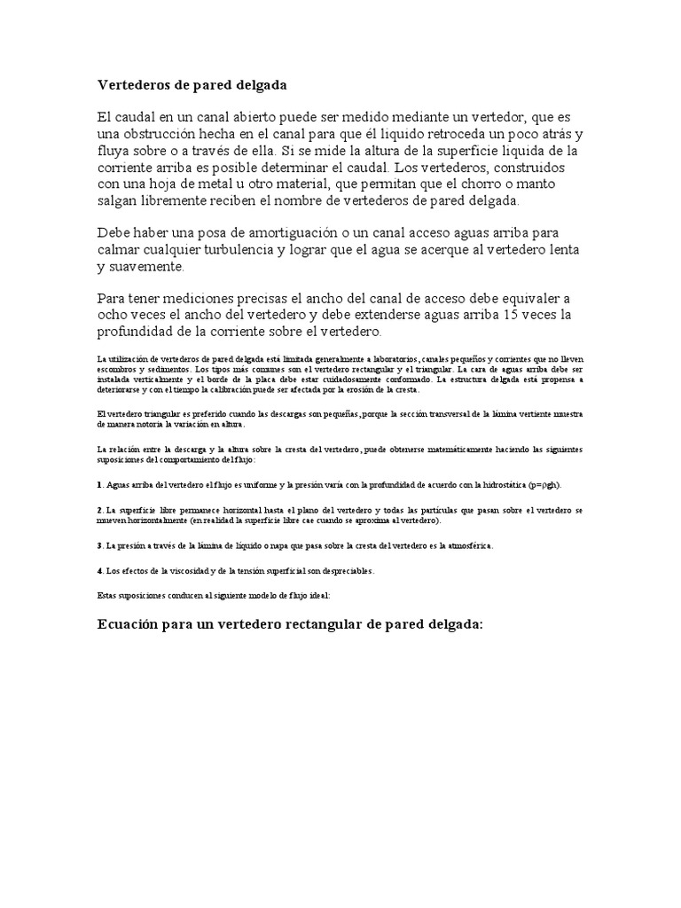 Vertederos de Pared Delgada | PDF | Descarga (hidrología) | Atmósfera