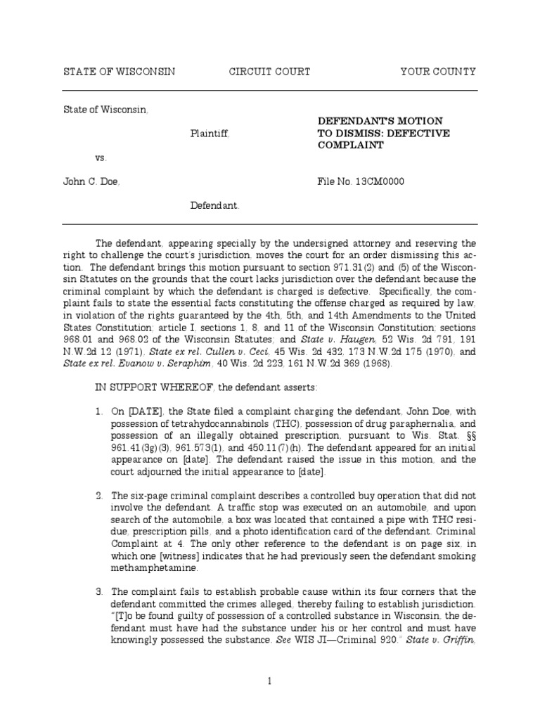 Motion to dismiss - Drug Possession | Wisconsin Circuit Courts | Complaint