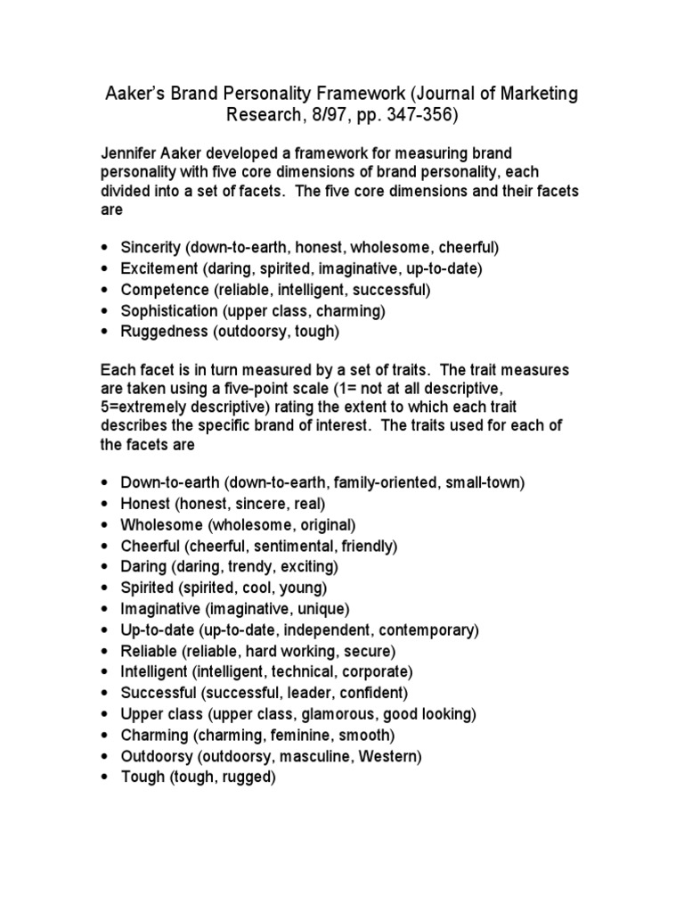 Aaker's Brand Personality Framework | PDF