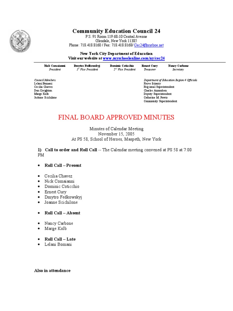 Final Board Approved Minutes: Community Education Council 24 | PDF ...