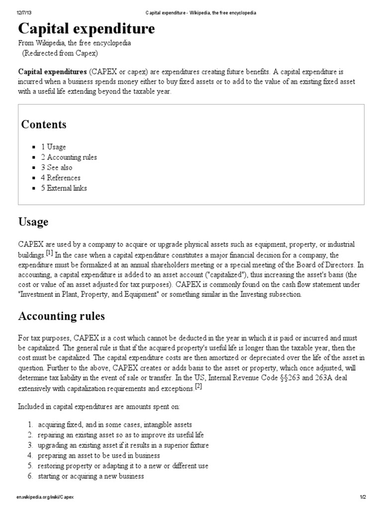 Capital Expenditure - Wikipedia, The Free Encyclopedia | PDF | Capital ...