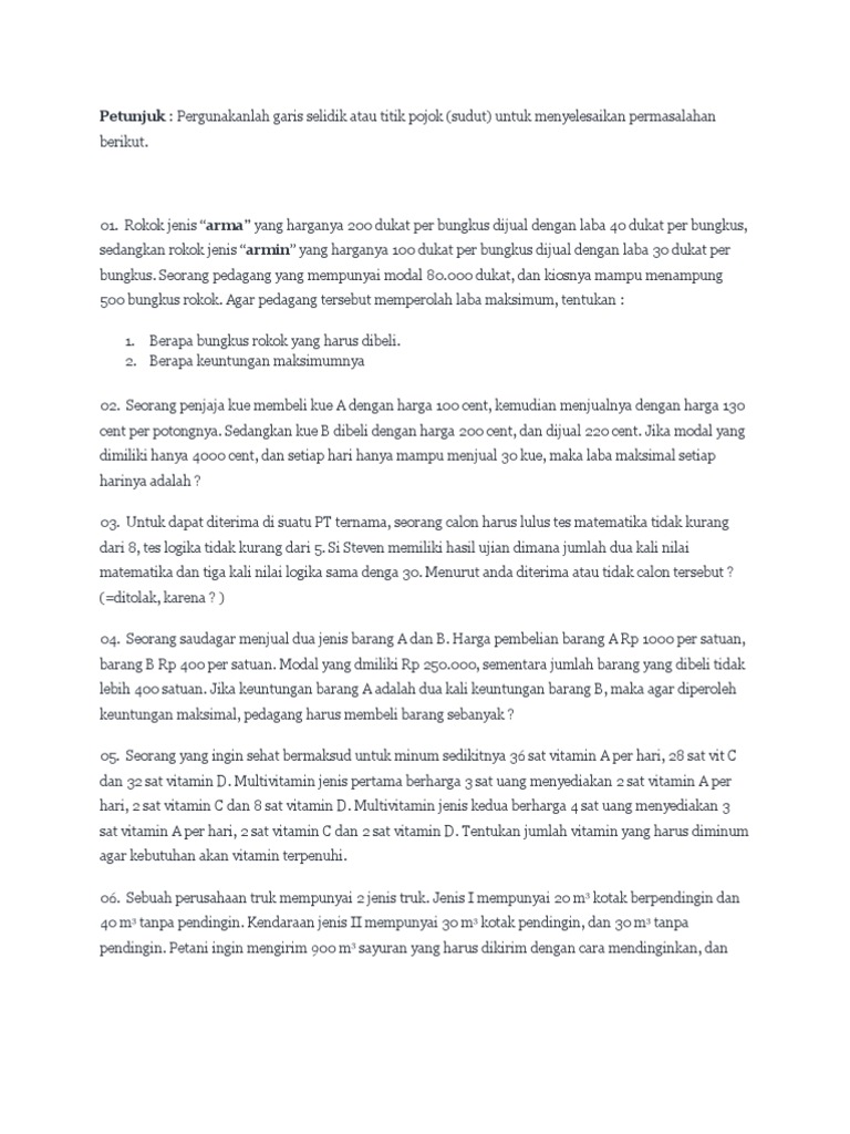 Soal Program Linier Dan Garis Selidik | PDF | Optimalisasi Matematika ...