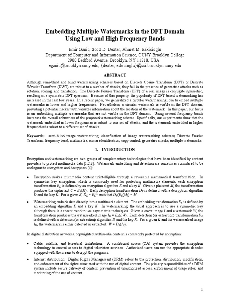 Embedding Multiple Watermarks in The DFT Domain Using Low and High Frequency Bands | PDF ...