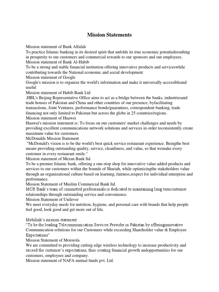Mission Statements | PDF | Islamic Banking And Finance | Banks