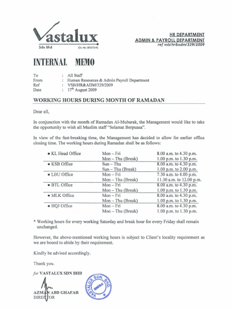 Memo - Working Hours During Ramadan | PDF
