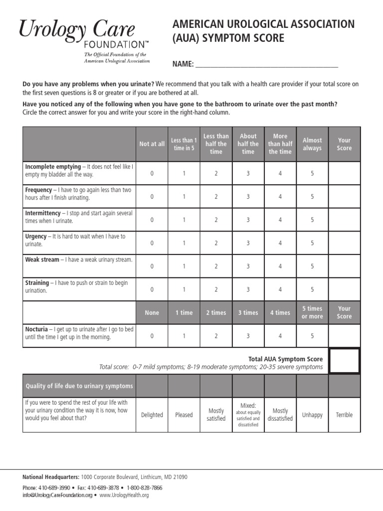 American Urological Association (Aua) Symptom Score: NAME | PDF