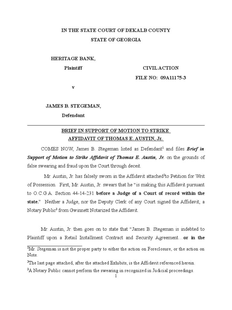 Brief in Support of Motion To Strike Affidavit of Thomas E. Austin JR | PDF | Affidavit | Perjury