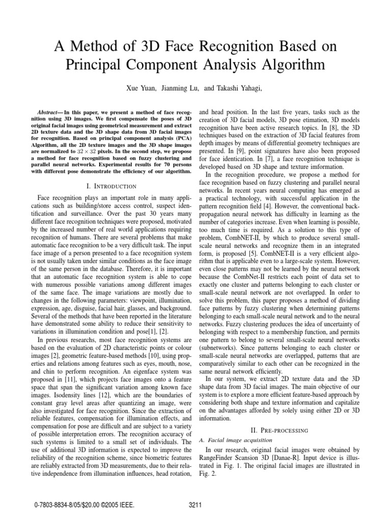 2005 A Method Of 3d Face Recognition Based On Principal Component Analysis Algorithm In Roi