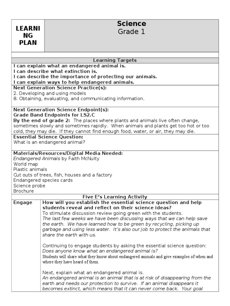 Endangered Animals Lesson Plan for Grade 1 | PDF | Habitat | Endangered ...