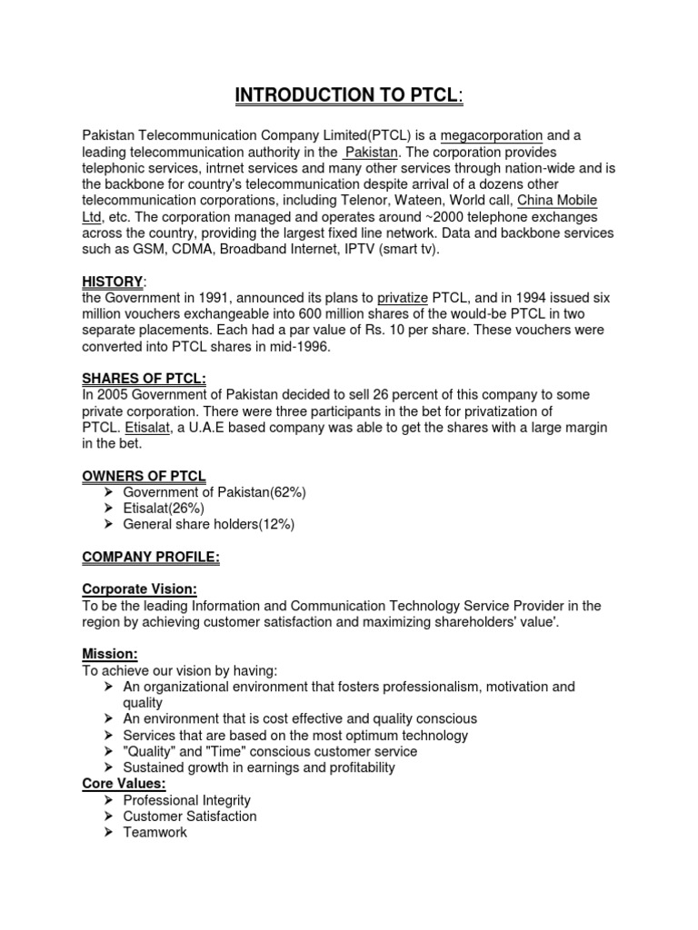 Introduction To PTCL:: History | PDF | Telecommunications | Business