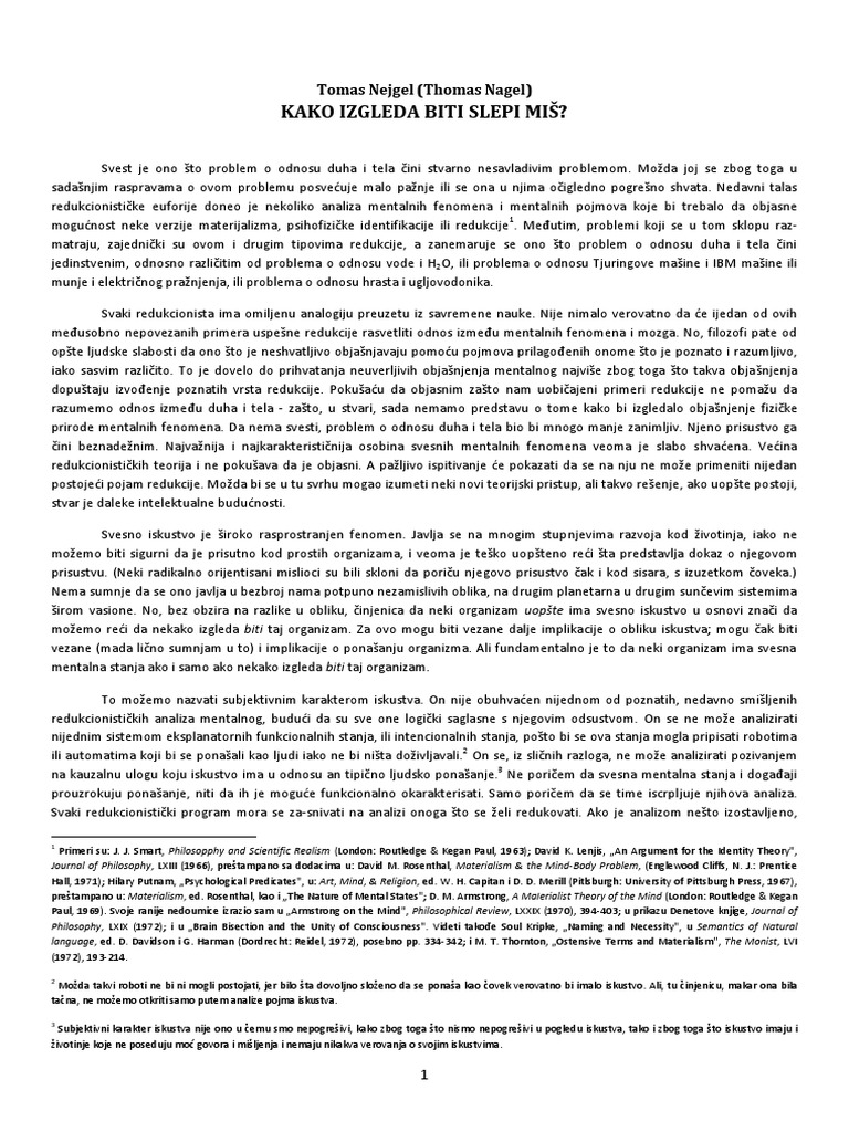Nagel, Thomas, Kako Izgleda Biti Slepi Mis | PDF