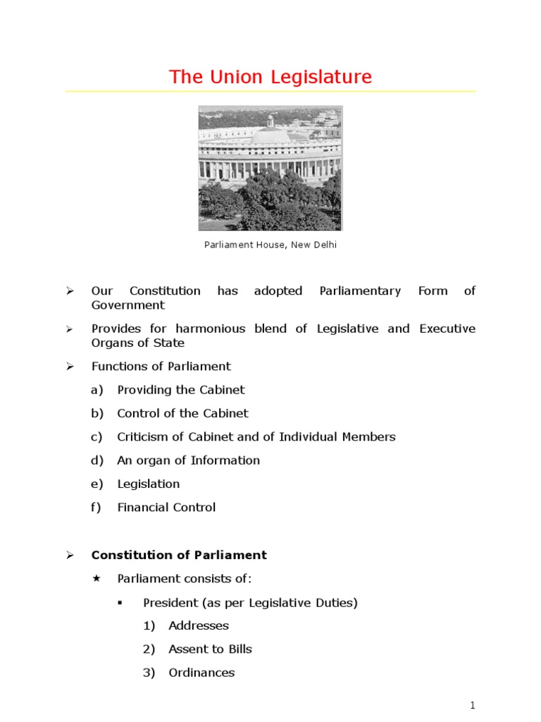 12 - The Union Legislature | PDF | Member Of Parliament | Separation Of ...