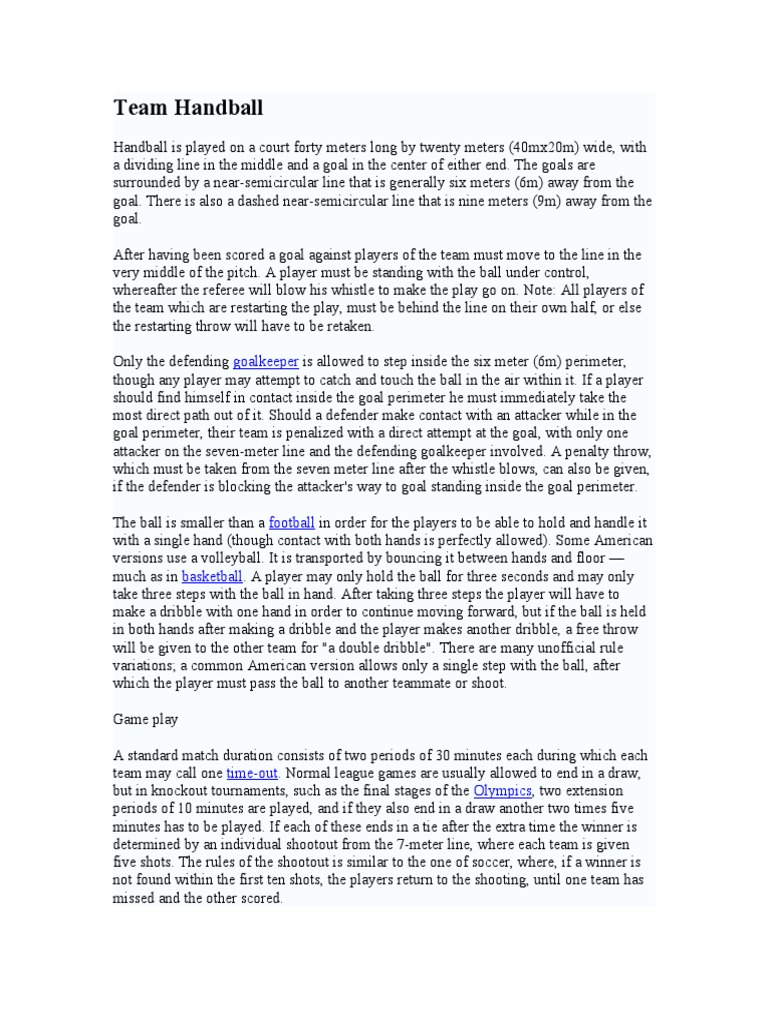 Team Handball Handout | Sport Variants | Rules
