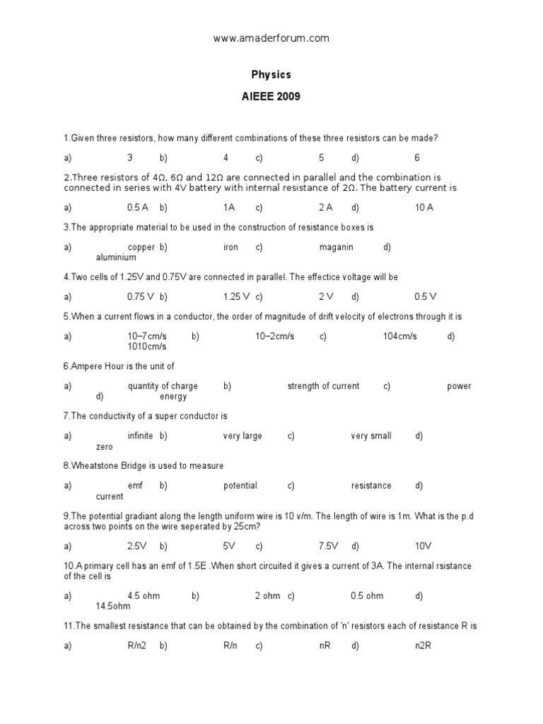 AIEEE Physics Sample Paper 2009 | PDF | Electrical Resistance And ...