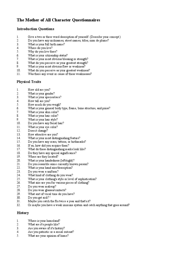 The Mother of All Character Questionnaires | PDF