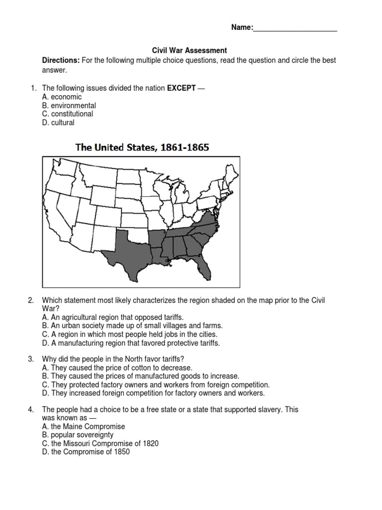 Civil War Multiple Choice Quiz | PDF