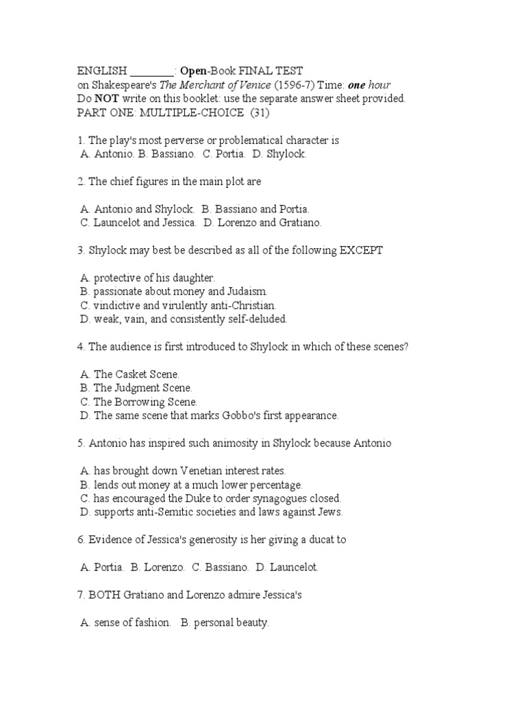 Merchant of Venice Final Test Questions | PDF
