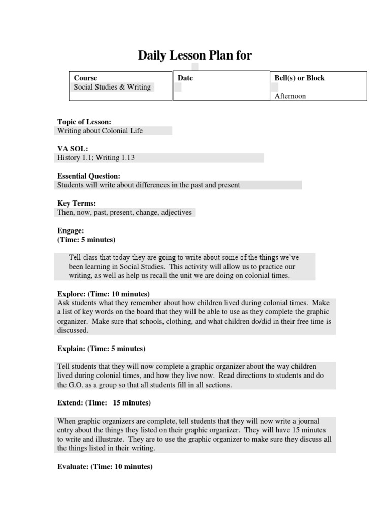 Writing Colonial Life Lesson Plan | PDF