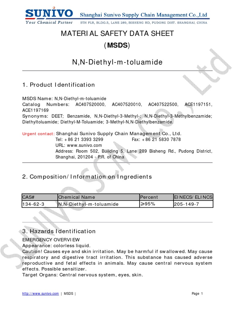 MSDS Deet | PDF | Personal Protective Equipment | Dangerous Goods