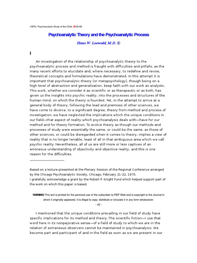 Hans Loewald-Psychoanalytic Theory and The Psychoanalytic Process | PDF | Psychoanalysis | Id