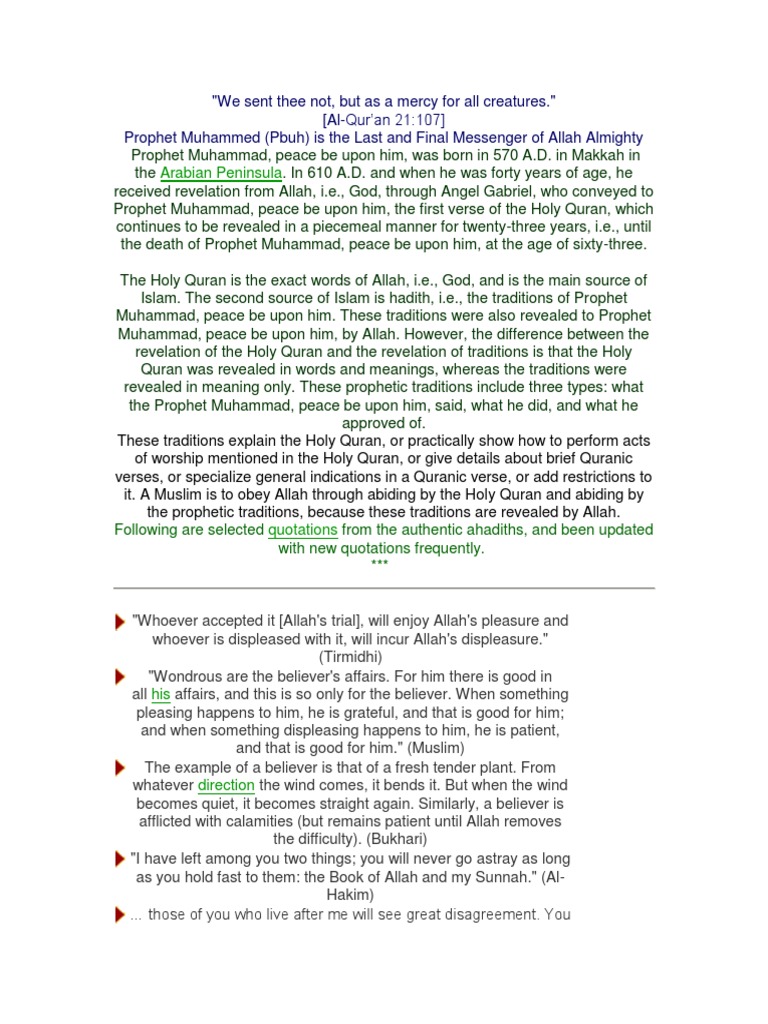 Teachings of Prophet Muhammad Pbuh | PDF | Hadith | Quran