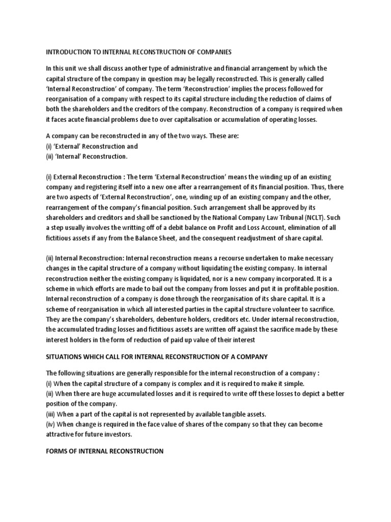 Introduction To Internal Reconstruction of Companies | PDF | Balance ...