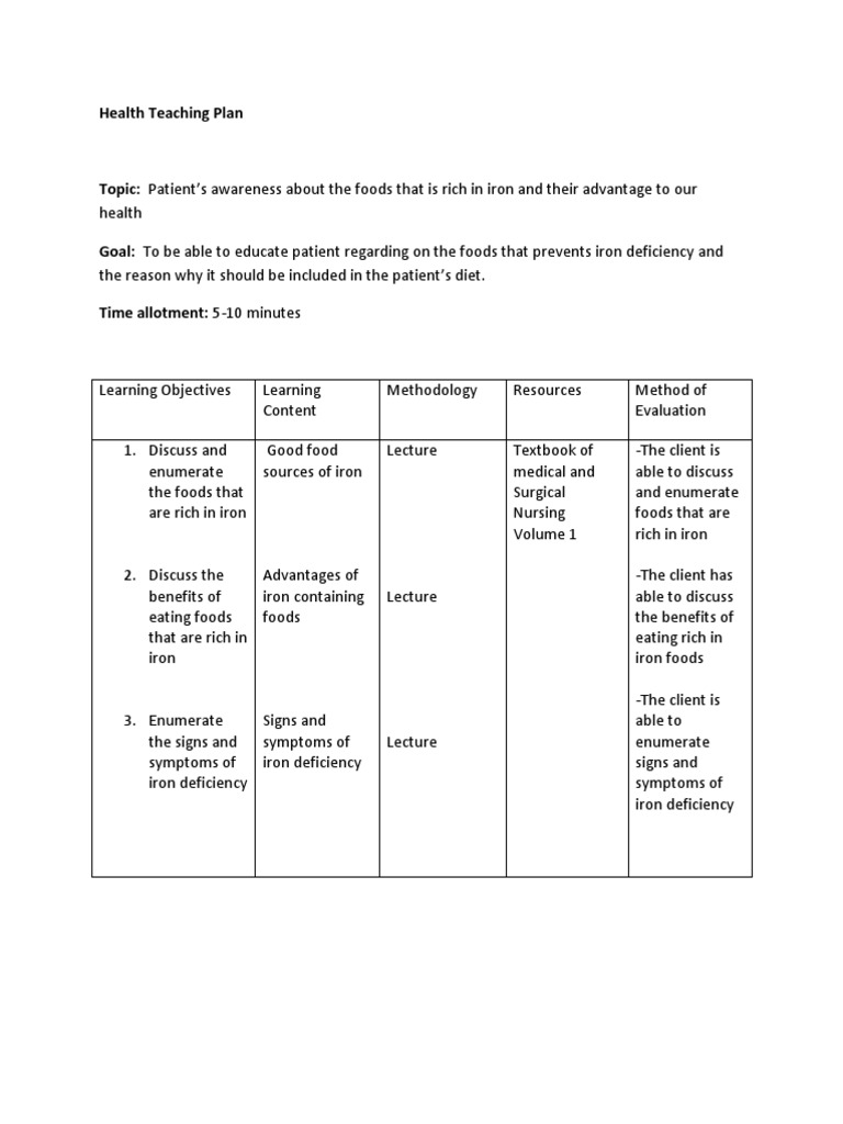 Anemia Health Education Plan | PDF