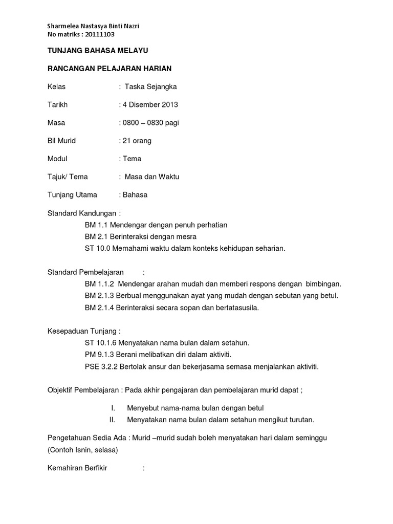 Lesson Plan Bahasa Melayu KSPK | PDF
