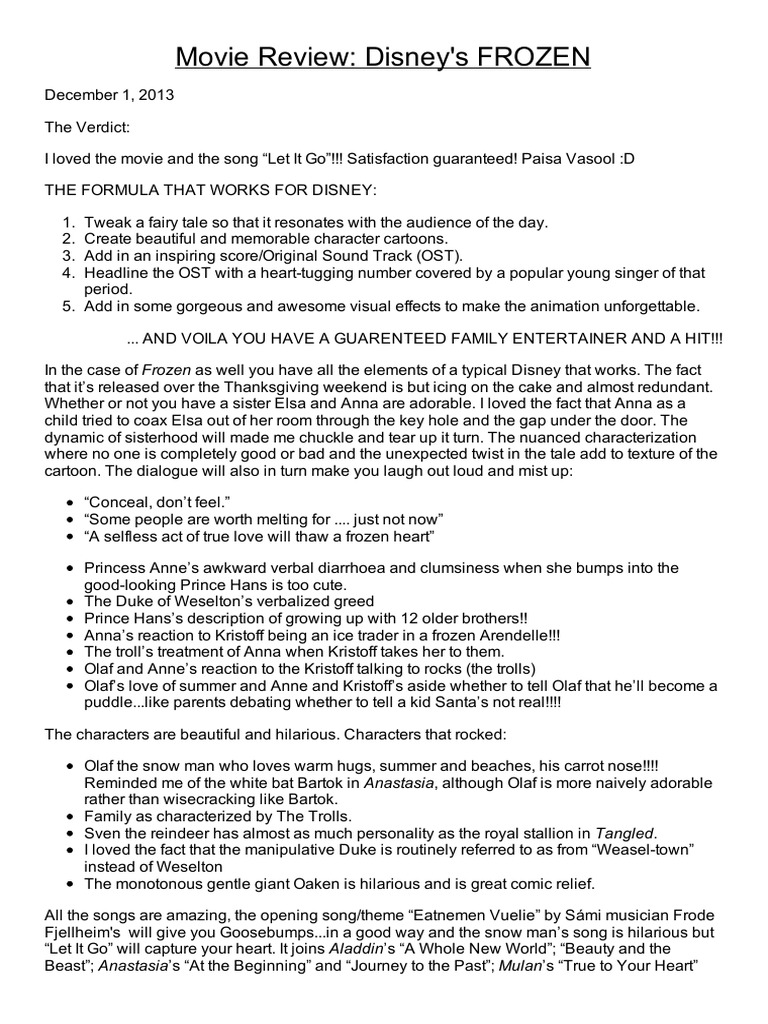 Movie Review: Disney's FROZEN | PDF | Animation | Leisure